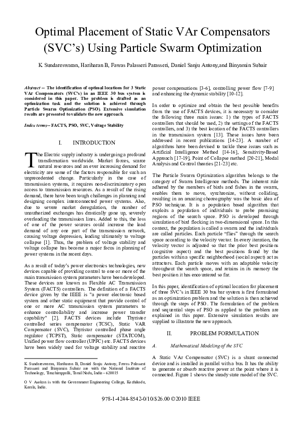 (PDF) Optimal Placement of Static VAr Compensators (SVC's) Using Particle Swarm Optimization