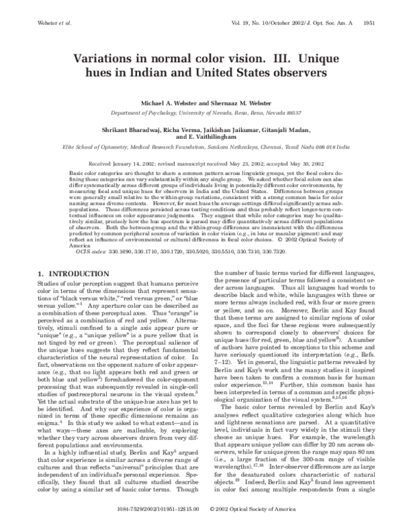 (PDF) Variations in normal color vision. III. Unique hues in Indian and ...