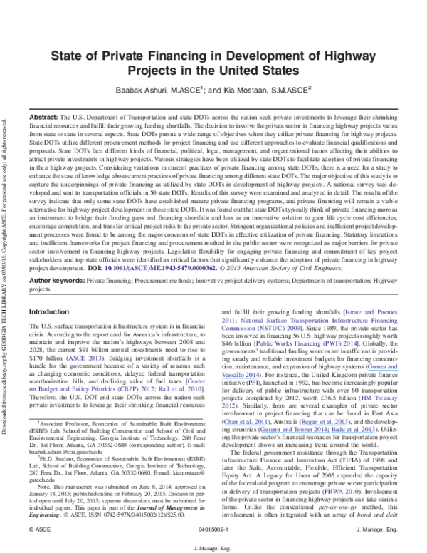 (PDF) State of Private Financing in Development of Highway Projects in ...