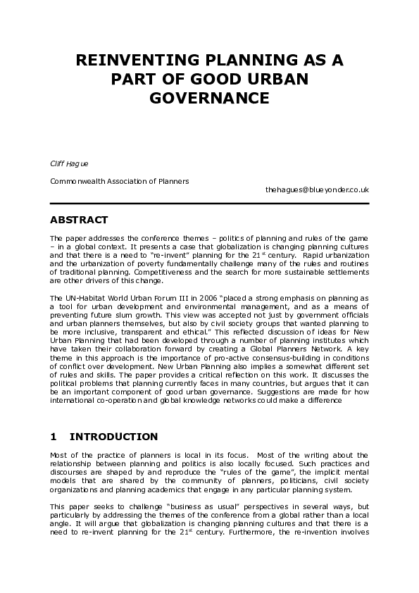 (DOC) Reinventing Planning as a Part of Good Urban Governance