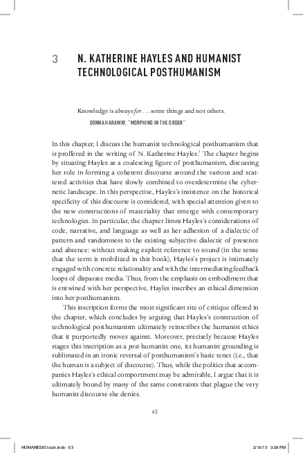(PDF) N. Katherine Hayles and Humanist Technological Posthumanism