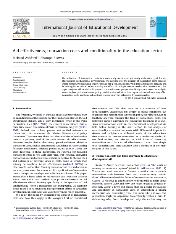 (PDF) Aid effectiveness, transaction costs and conditionality in the ...