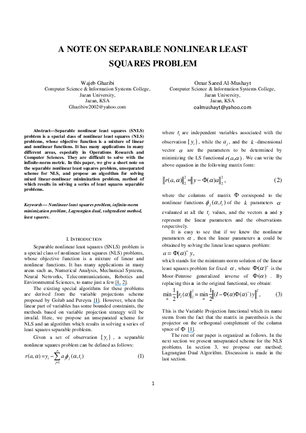 (PDF) A Note on Separable Nonlinear Least Squares Problem | Saeed ... (PDF) A Note on Separable Nonlinear Least Squares Problem | Saeed ...