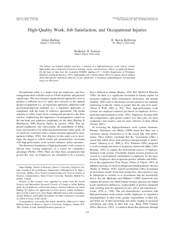 (PDF) High-quality work, job satisfaction, and occupational injuries