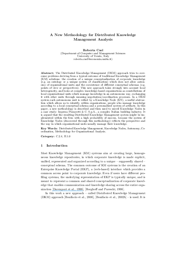 (PDF) A New Methodology for Distributed Knowledge Management Analysis