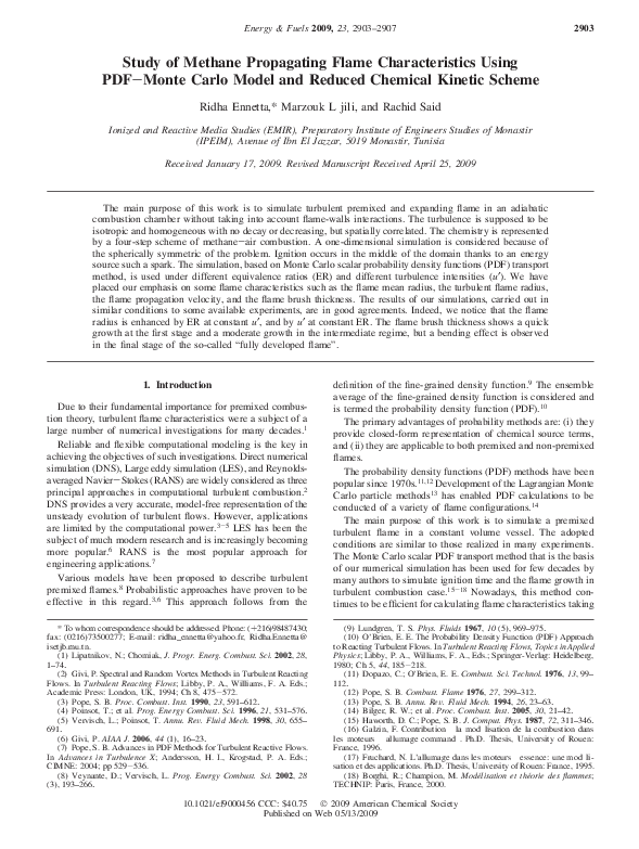 (PDF) Study of Methane Propagating Flame Characteristics Using PDF−Monte Carlo Model and Reduced ...