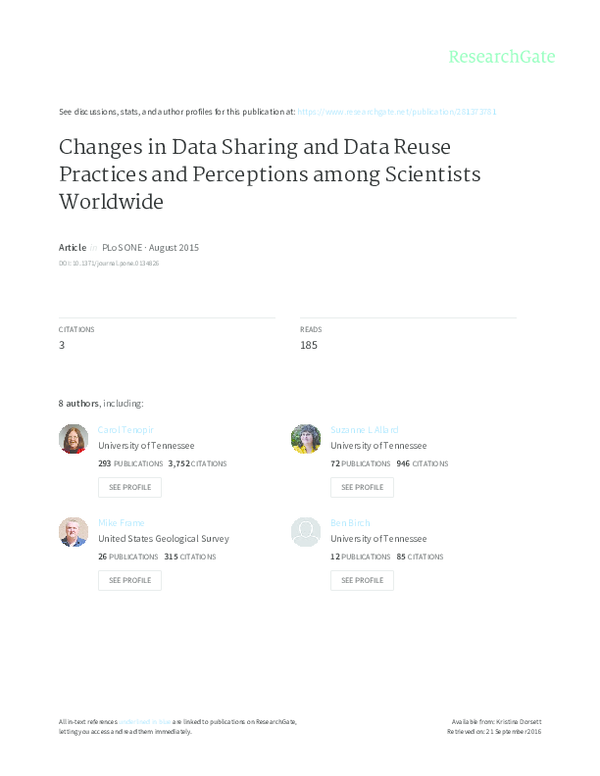 (PDF) Changes in Data Sharing and Data Reuse Practices and Perceptions among Scientists Worldwide