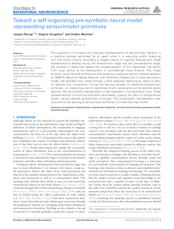 Pdf Towards A Self Organizing Pre Symbolic Neural Model Representing Sensorimotor Primitives