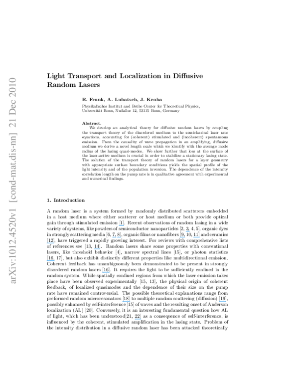 (PDF) Light transport and localization in diffusive random lasers