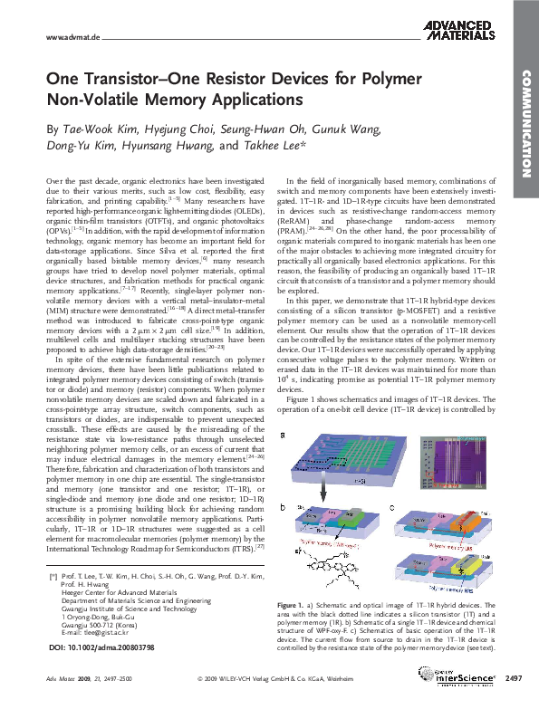 (PDF) One Transistor-One Resistor Devices for Polymer Non-Volatile Memory Applications