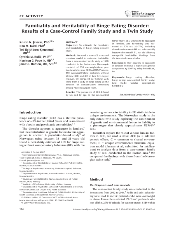 (PDF) Familiality and heritability of binge eating disorder: Results of ...