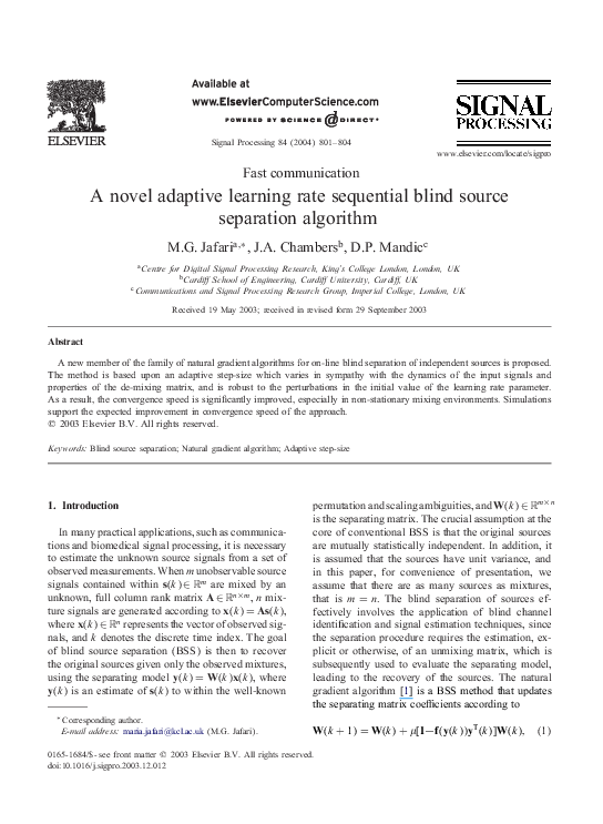 Pdf A Novel Adaptive Learning Rate Sequential Blind Source Separation Algorithm