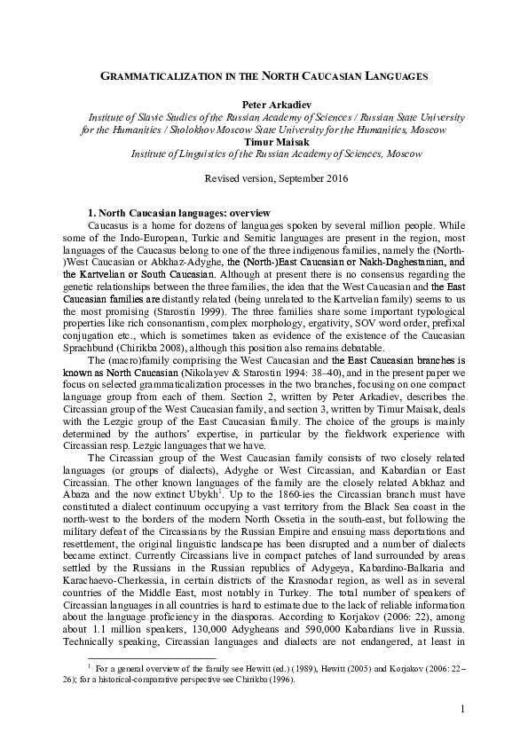 (PDF) GRAMMATICALIZATION IN THE NORTH CAUCASIAN LANGUAGES (PDF) GRAMMATICALIZATION IN THE NORTH CAUCASIAN LANGUAGES