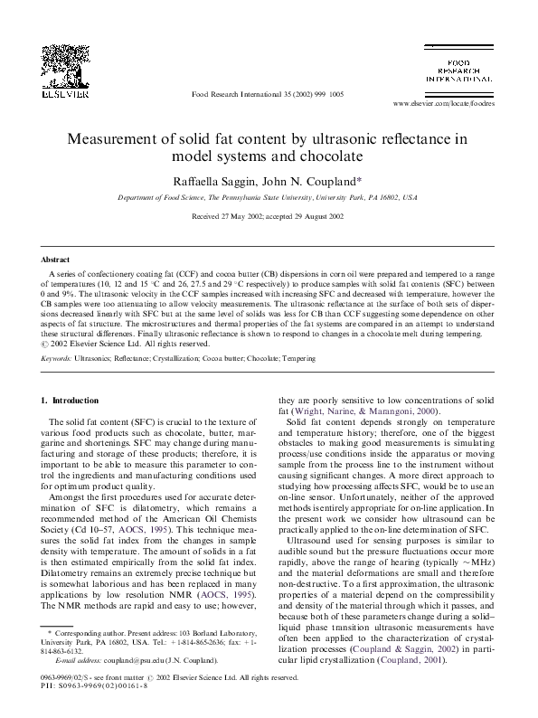 (PDF) Measurement of solid fat content by ultrasonic reflectance in ...