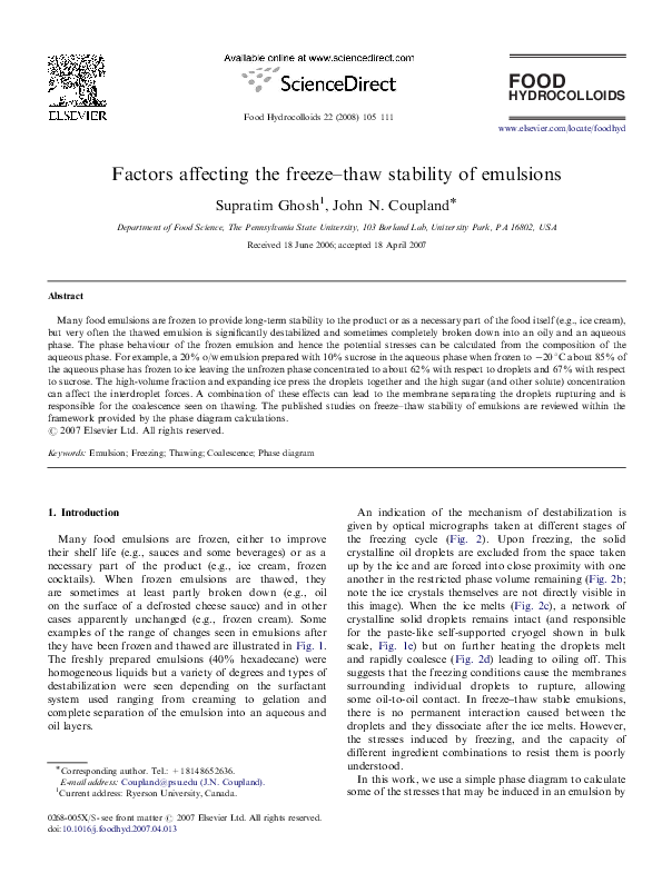 (PDF) Factors affecting the freeze–thaw stability of emulsions