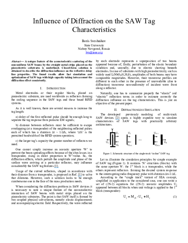 (PDF) Influence of diffraction on the SAW Tag characteristics
