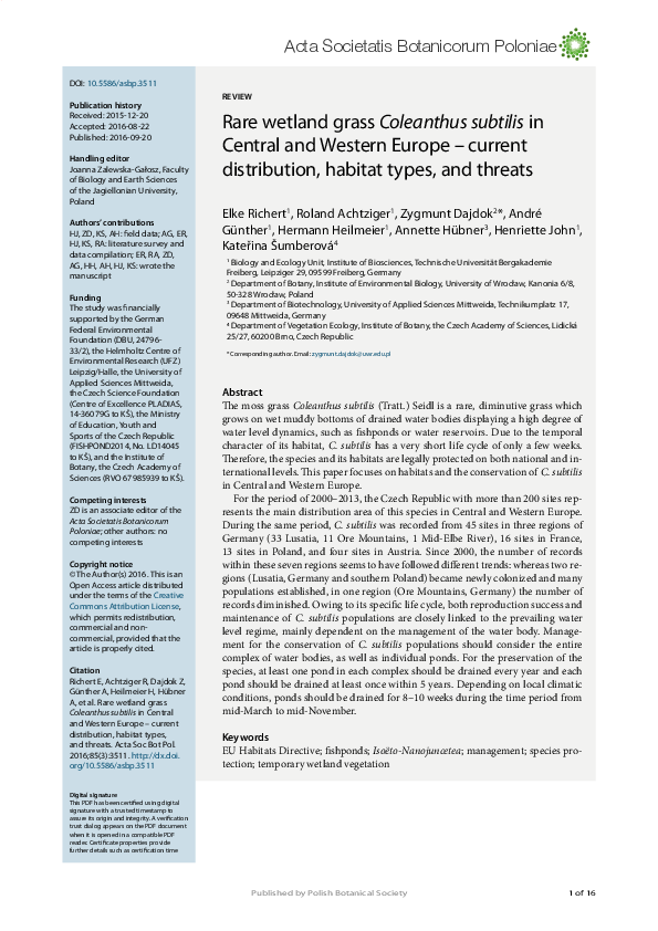 (PDF) Rare wetland grass Coleanthus subtilis in Central and Western ...