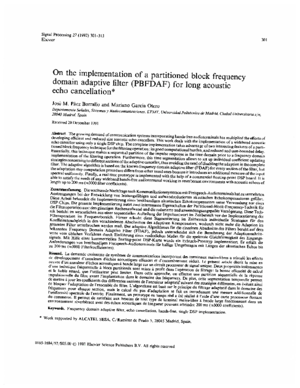Pdf On The Implementation Of A Partitioned Block Frequency Domain Adaptive Filter Pbfdaf For