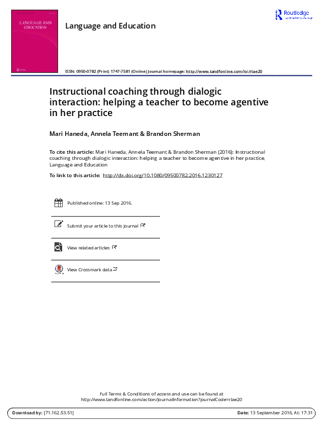 (PDF) Instructional coaching through dialogic interaction: helping a teacher to become agentive ...