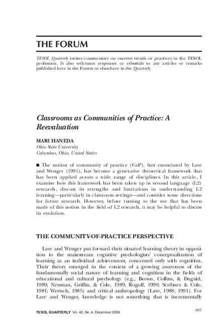(PDF) Classrooms as Communities of Practice: A Reevaluation THE ...