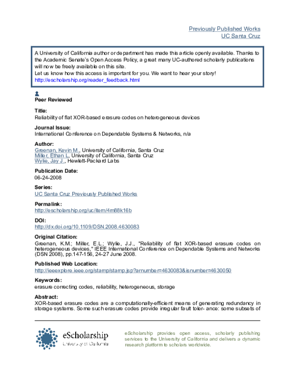 Pdf Reliability Of Flat Xor Based Erasure Codes On Heterogeneous Devices 