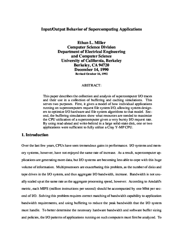 (PDF) Input/output behavior of supercomputing applications
