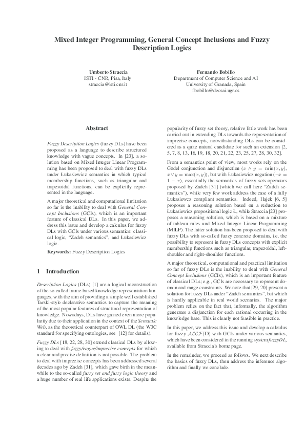 (PDF) Mixed integer programming, general concept inclusions and fuzzy description logics
