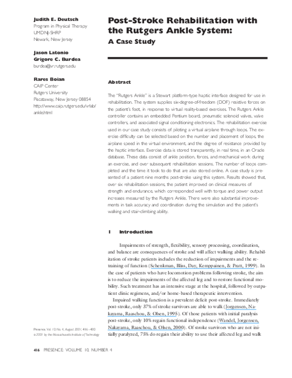 (PDF) Post-Stroke Rehabilitation with the Rutgers Ankle System: A Case ...