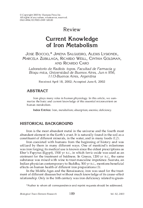 (PDF) Current Knowledge of Iron Metabolism