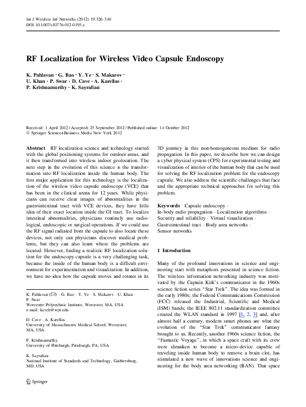 (PDF) RF Localization for Wireless Video Capsule Endoscopy | Andrew Karellas - Academia.edu