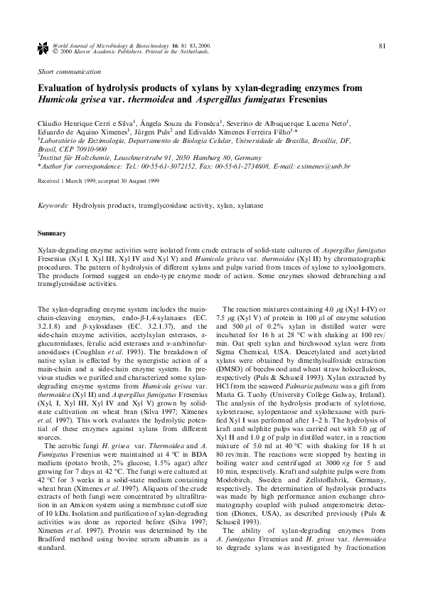(PDF) Evaluation of hydrolysis products of xylans by xylan-degrading ...