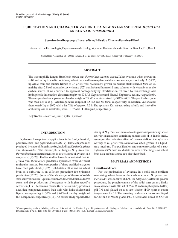 (PDF) Purification and characterization of a new Xylanase from Humicola grisea var. Thermoidea