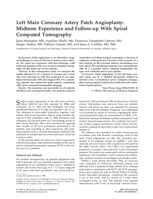 (PDF) Left Main Coronary Artery Patch Angioplasty: Midterm Experience ...