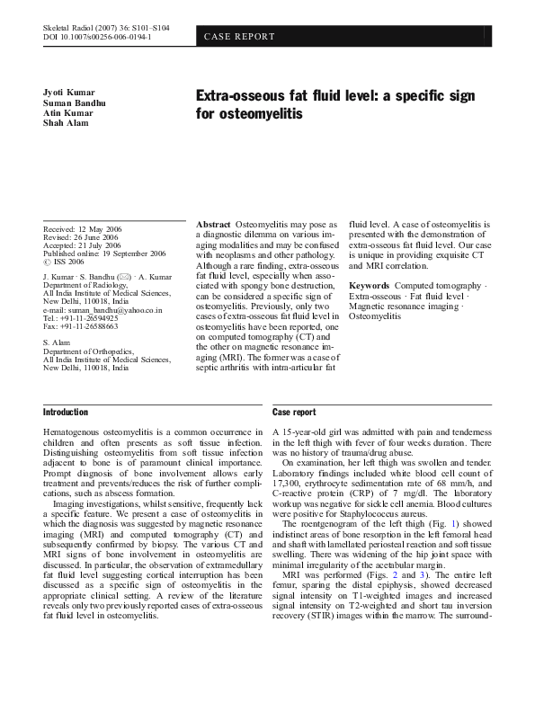 (PDF) Extra-osseous fat fluid level: a specific sign for osteomyelitis