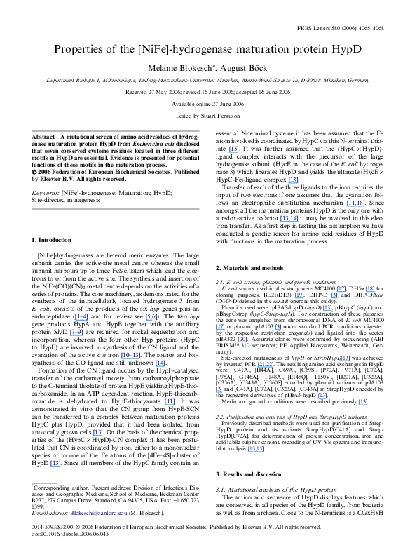(PDF) Properties of the [NiFe]-hydrogenase maturation protein HypD