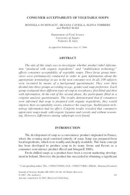 (PDF) CONSUMER ACCEPTABILITY OF VEGETABLE SOUPS