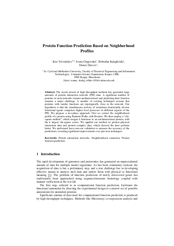 (PDF) Protein Function Prediction Based on Neighborhood Profiles