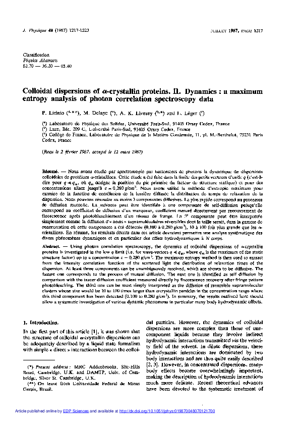 (PDF) Colloidal dispersions of α-crystallin proteins. II. Dynamics : a maximum entropy analysis ...