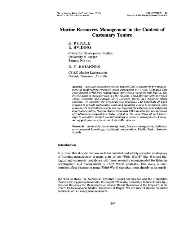 (PDF) Marine Resources Management in the Context of Customary Tenure