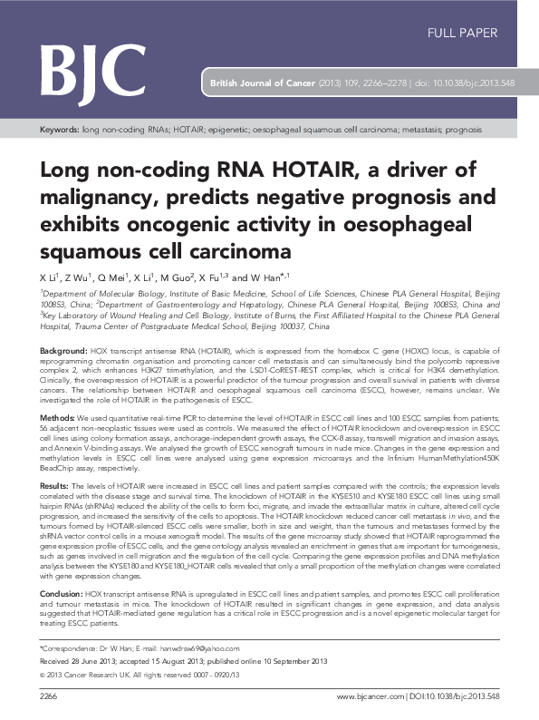 (PDF) Long non-coding RNA HOTAIR, a driver of malignancy, predicts negative prognosis and ...
