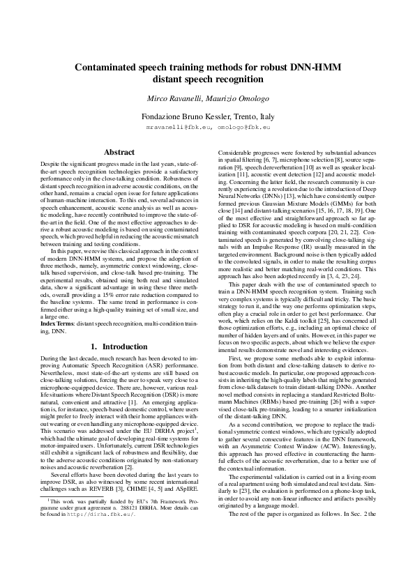 (PDF) Contaminated speech training methods for robust DNN-HMM distant speech recognition