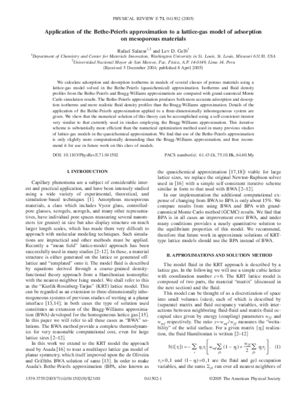 (PDF) Application of the Bethe-Peierls approximation to a lattice-gas model of adsorption on ...