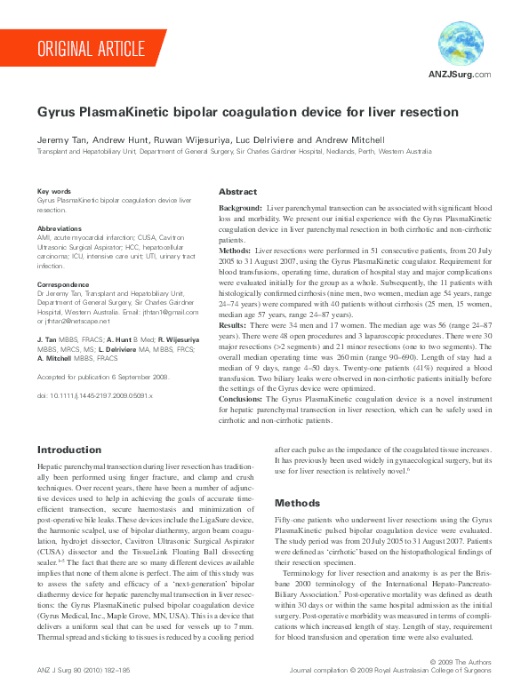 (PDF) Gyrus PlasmaKinetic bipolar coagulation device for liver resection
