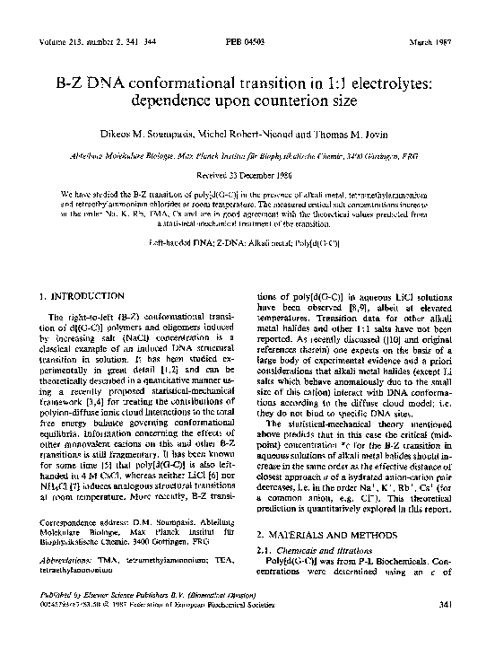 Pdf B Z Dna Conformational Transition In 1 1 Electrolytes Dependence Upon Counterion Size