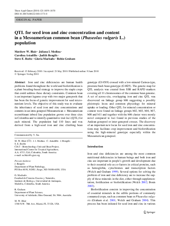 (PDF) QTL for seed iron and zinc concentration and content in a ...