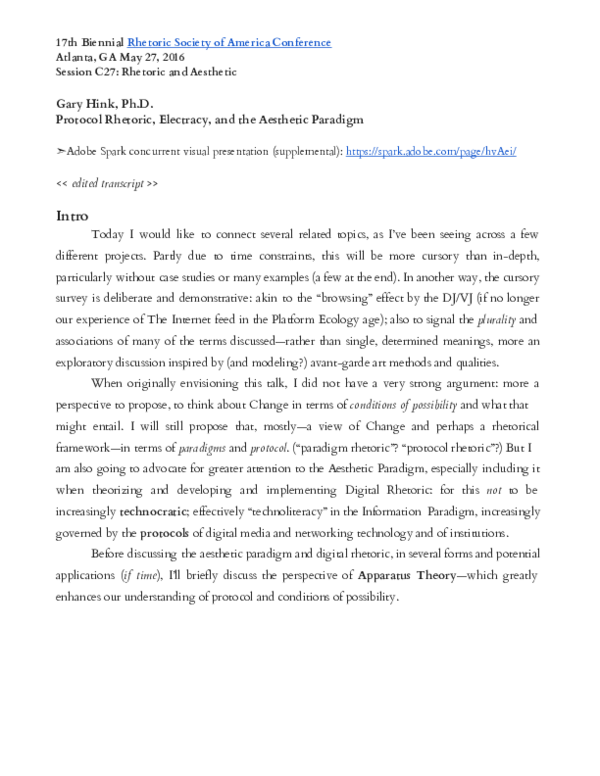 (PDF) Hink (2016) - "Protocol Rhetoric, Electracy, and the Aesthetic ...