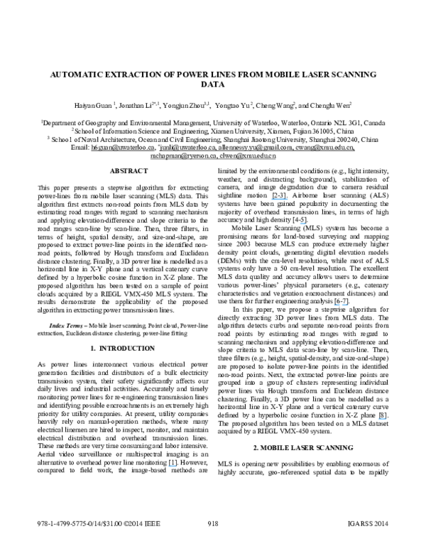 Pdf Automatic Extraction Of Power Lines From Mobile Laser Scanning Data