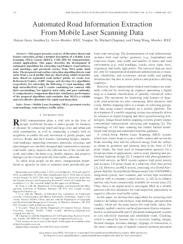 Pdf Automated Road Feature Extraction From Mls Data