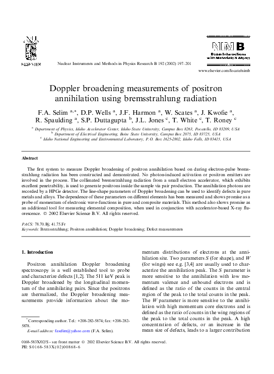 (PDF) Doppler broadening measurements of positron annihilation using bremsstrahlung radiation