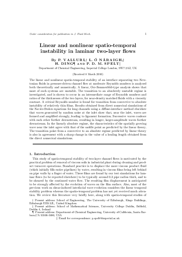 (PDF) Linear and nonlinear spatio-temporal instability in laminar two-layer flows